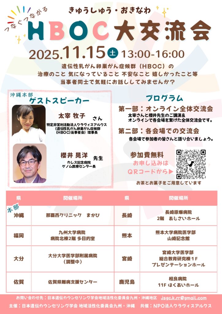 HBOC大交流会 開催のお知らせ 宮崎市の乳がん検診を受けるなら、宮崎市下原町にある、さがら病院宮崎へ